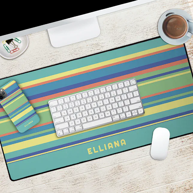 Lime Green Dark Blue Orange Sunny Yellow Stripes Desk Mat | Zazzle