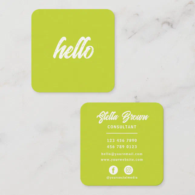 Lime Green Hello Chic Bold Text Square Business Card | Zazzle