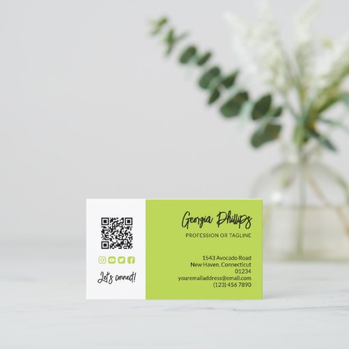 Lime Green QR Code Photo Social Media Icons Business Card | Zazzle