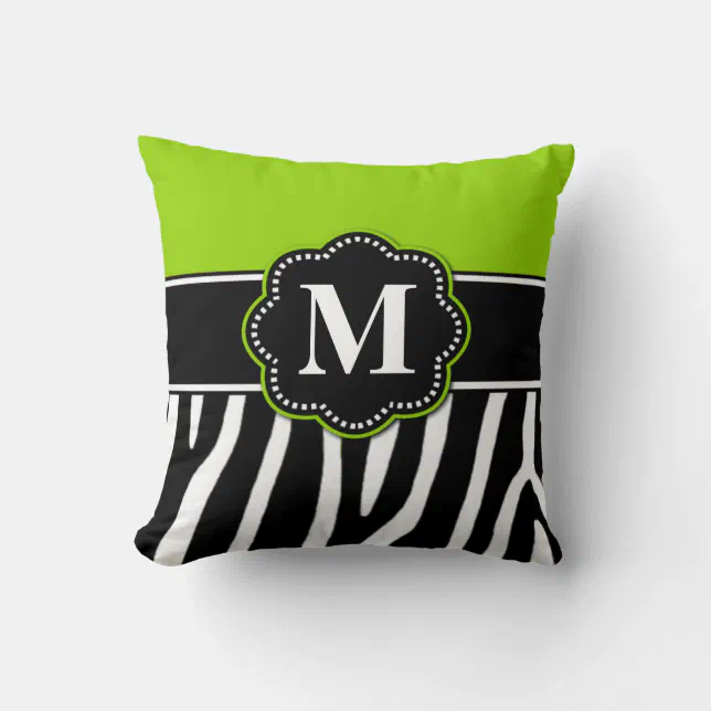 Lime Green Zebra Print Monogram Pillow | Zazzle