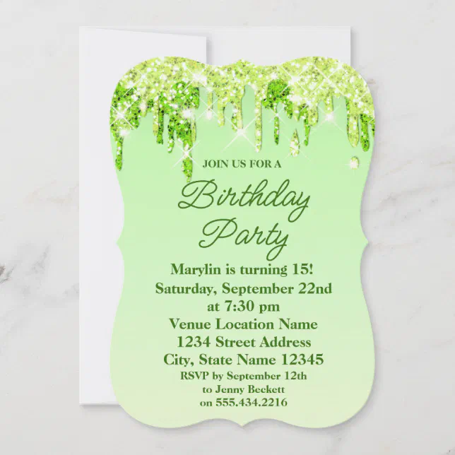 LIME GREENGLITTER DRIP ELEGANT BIRTHDAY INVITATION | Zazzle