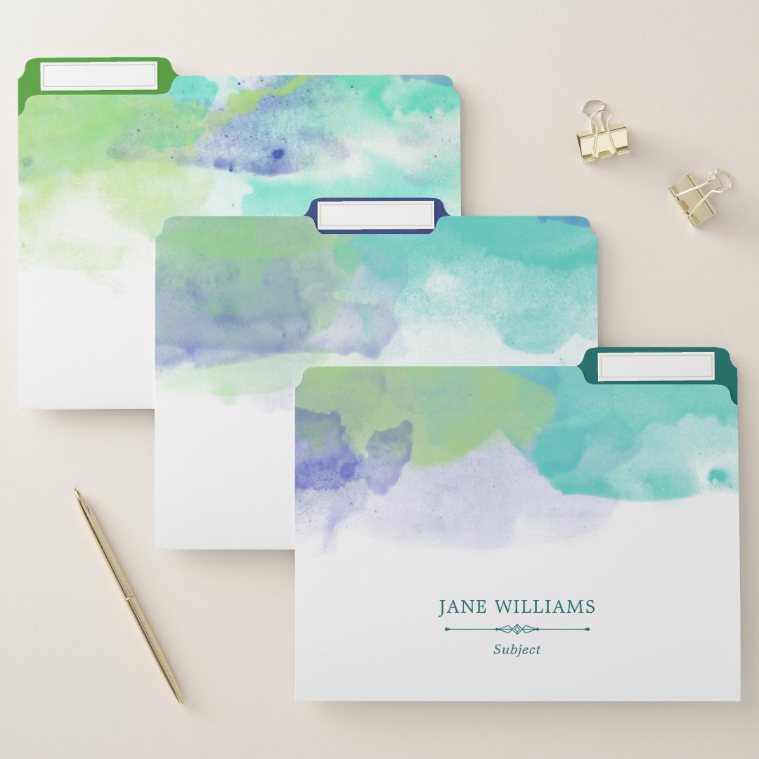 Lime Teal Purple Watercolor Add Your Name File Folder | Zazzle