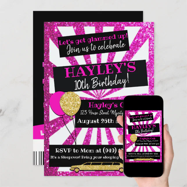 Limo Party VIP Pass Pink & gold Glitter invitation | Zazzle