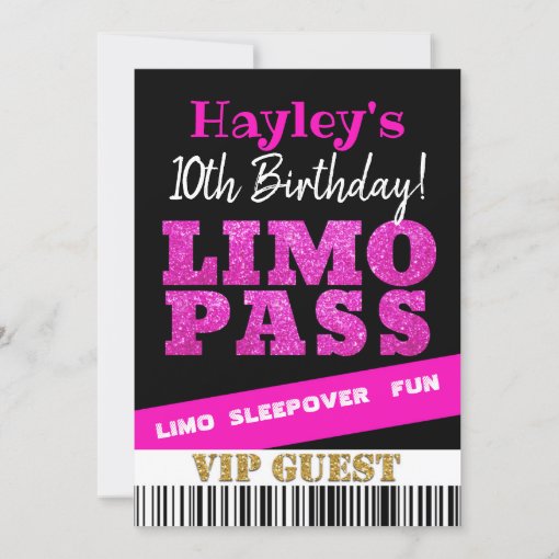 Limo Party VIP Pass Pink & gold Glitter invitation | Zazzle