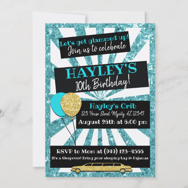 Limo Party VIP Pass Teal & gold Glitter invitation | Zazzle
