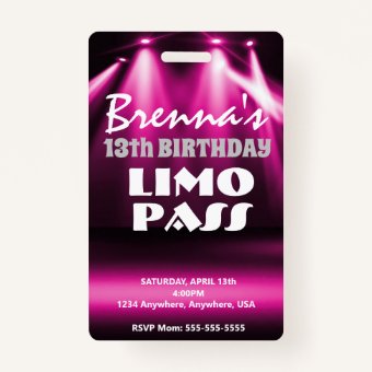 Limo Pass Party Pass, VIP, Invitation, glitter Badge | Zazzle