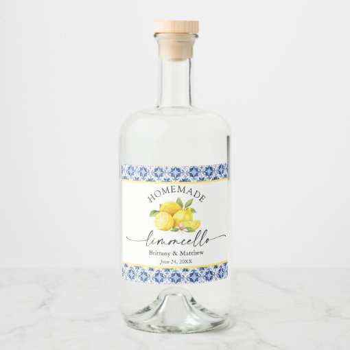 Limoncello Calligraphy Blue Tile Watercolor Lemons Liquor Bottle Label ...