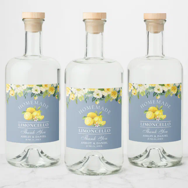 Limoncello Watercolor Floral Lemons Dusty Blue Liquor Bottle Label | Zazzle