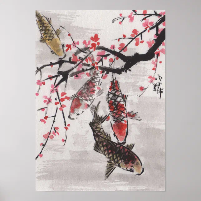 Lin Li's Art Chinese Watercolor KOI Plum Blossoms Poster | Zazzle