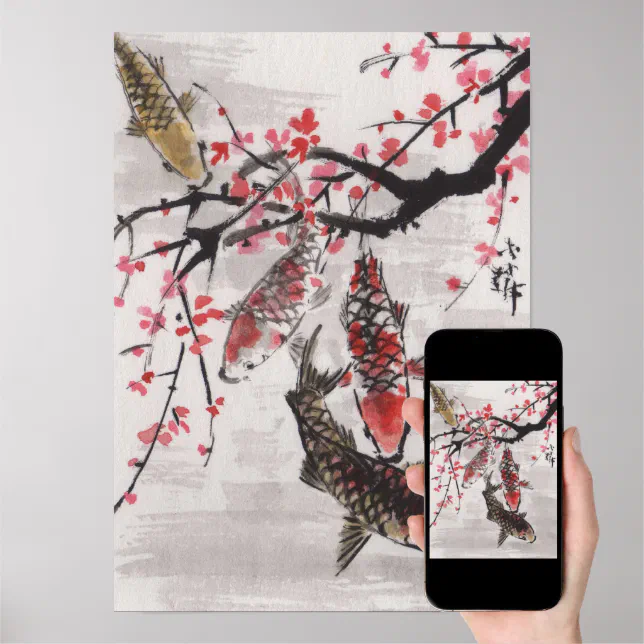 Lin Li's Art Chinese Watercolor KOI Plum Blossoms Poster | Zazzle