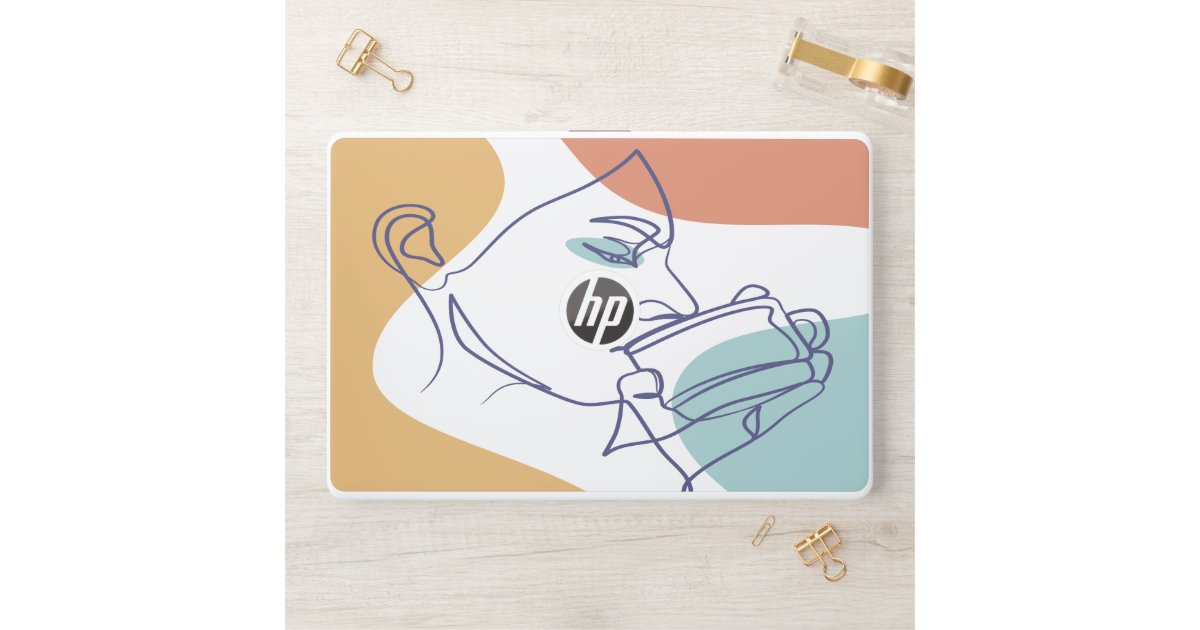 line art drawing poster of woman drinking coffee HP laptop skin | Zazzle