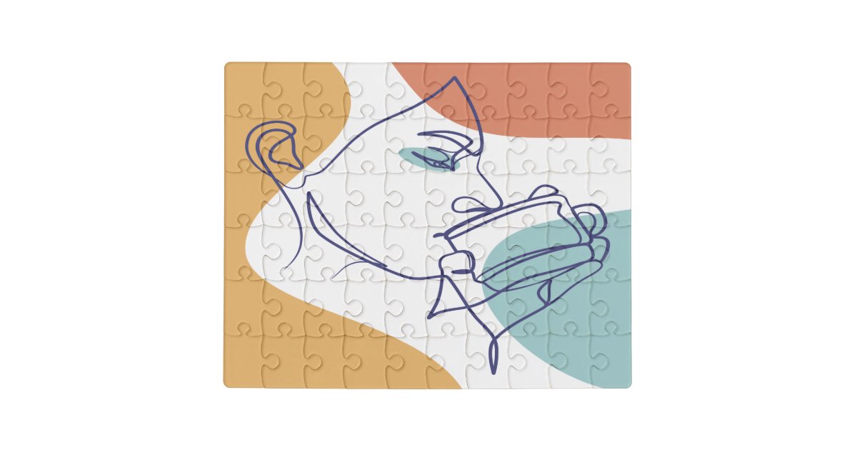 line art drawing poster of woman drinking coffee jigsaw puzzle | Zazzle