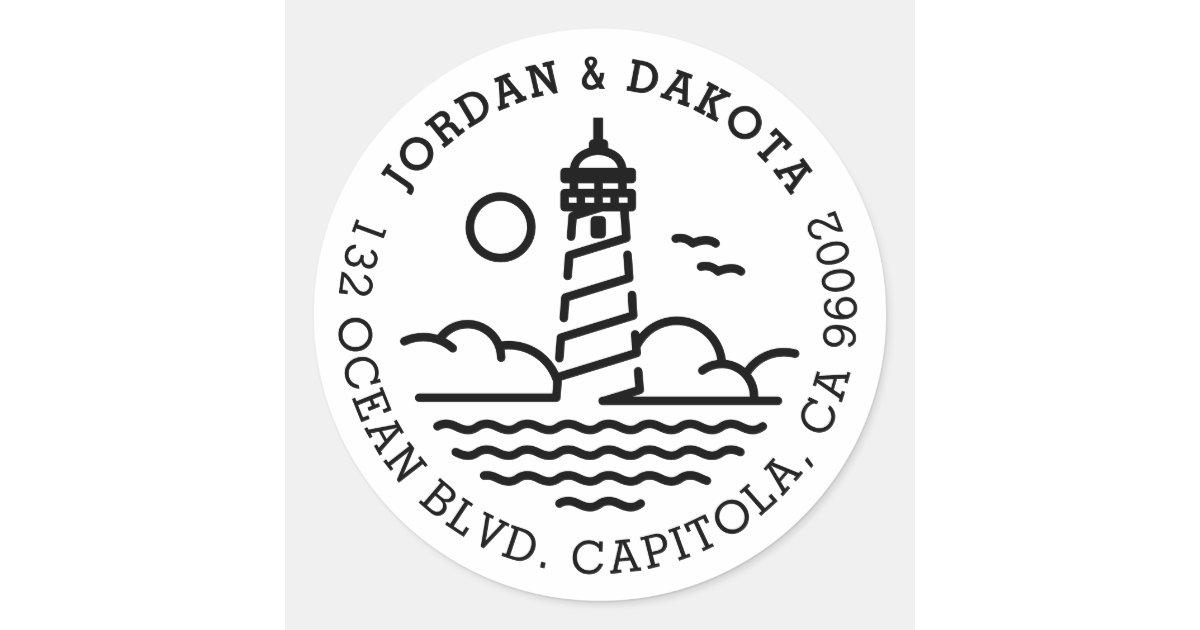Line Art Lighthouse Round Wedding Return Address Classic Round Sticker ...
