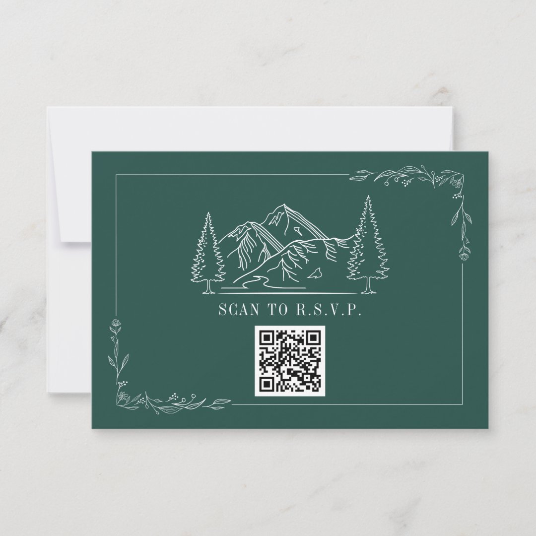 Line Art Mountains Emerald QR Code Wedding RSVP | Zazzle