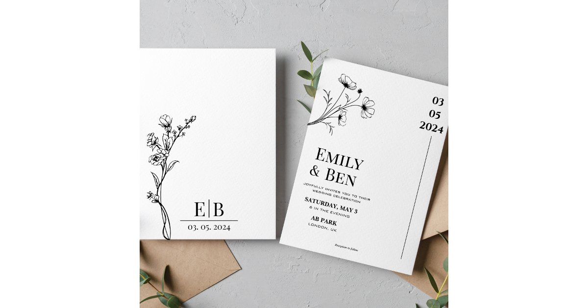 Line drawing flower minimalist wedding invitation | Zazzle