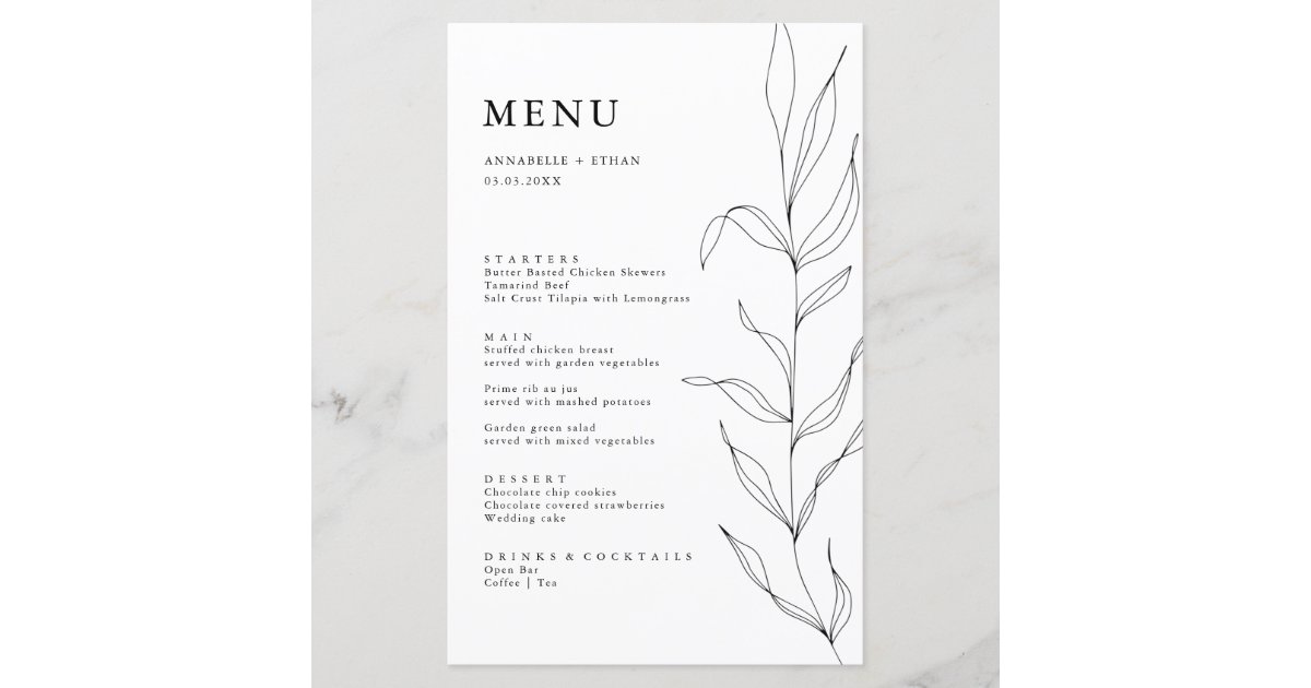 Line Drawing Foliage Leaf Menu Card | Zazzle