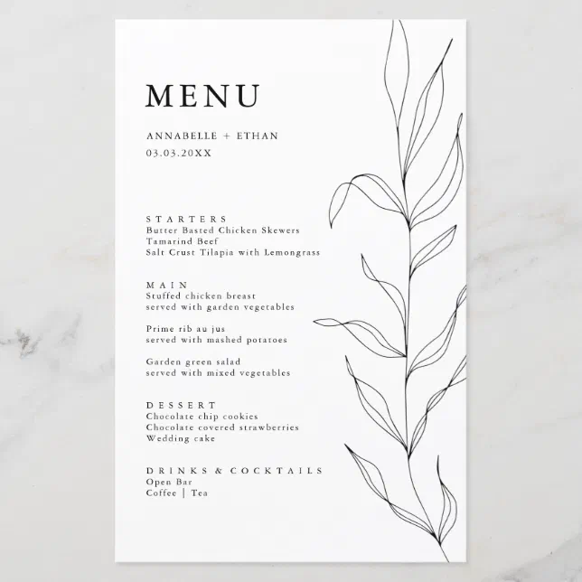 Line Drawing Foliage Leaf Menu Card | Zazzle