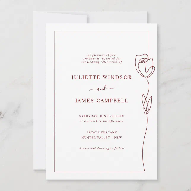 Line Drawing Rose Flower Wedding Invitation | Zazzle