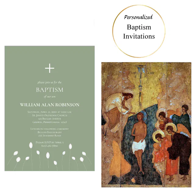 Line Drawing White Flowers Orthodox Baptism Invitation | Zazzle