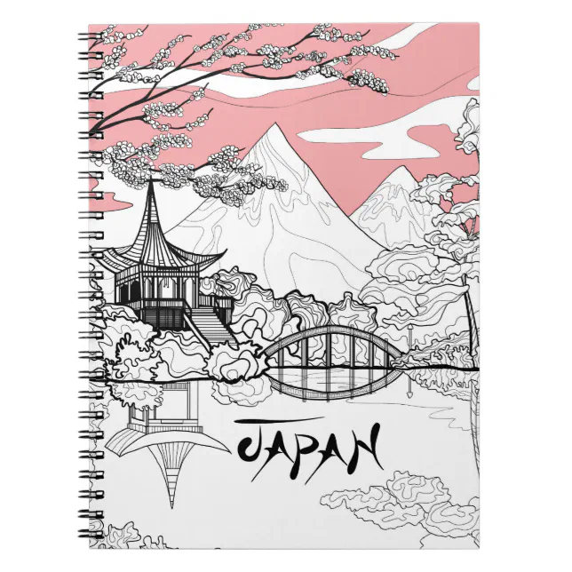 Line Painting of Japanese Temple Lake Mountain Notebook | Zazzle