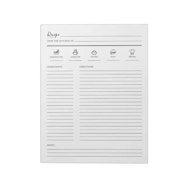 Lined Minimalist Modern Recipe Sheet Cookbook Page Notepad | Zazzle