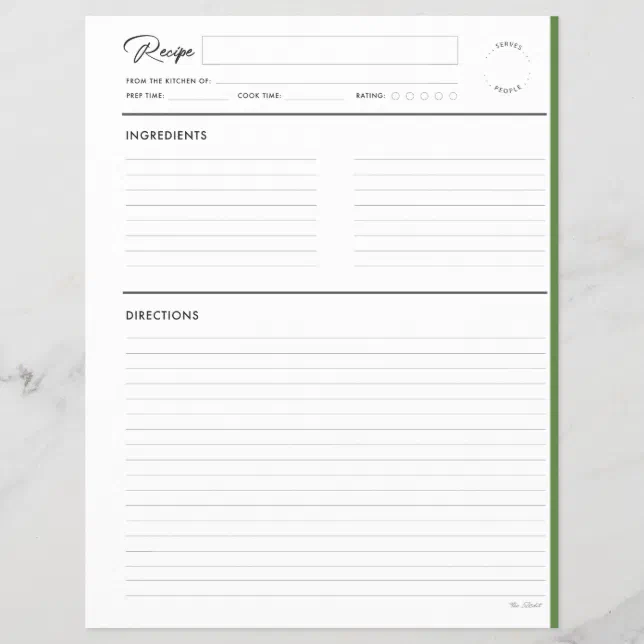 Lined Recipe Pages Modern in Green letter format | Zazzle