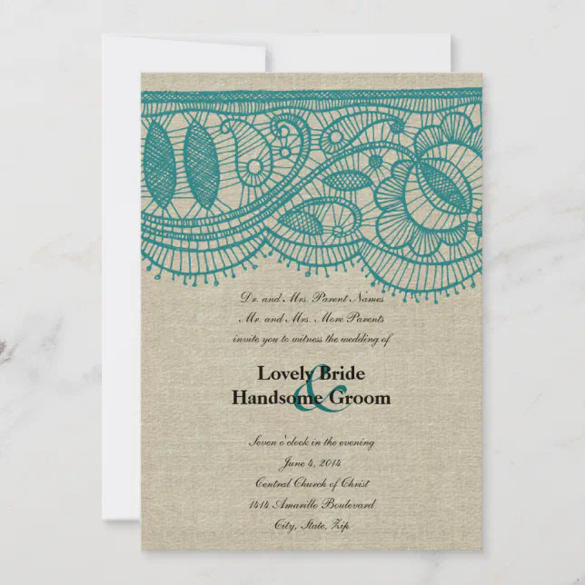 Linen and Teal Lace Wedding Invitation | Zazzle