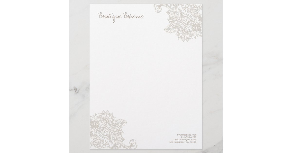 Linen Beige Illustrated Bohemian Paisley Henna Letterhead | Zazzle