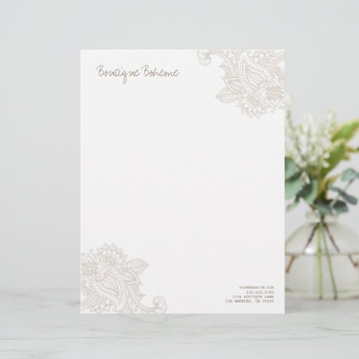 Linen Beige Illustrated Bohemian Paisley Henna Letterhead | Zazzle
