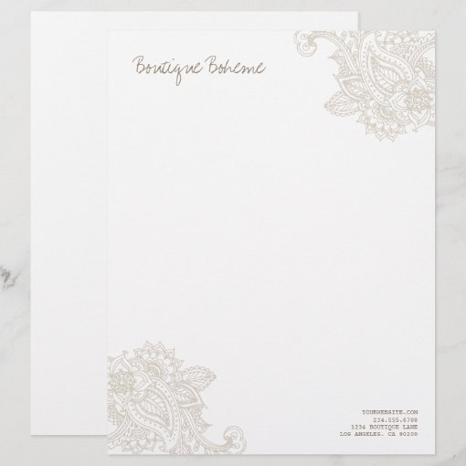 Linen Beige Illustrated Bohemian Paisley Henna Letterhead | Zazzle