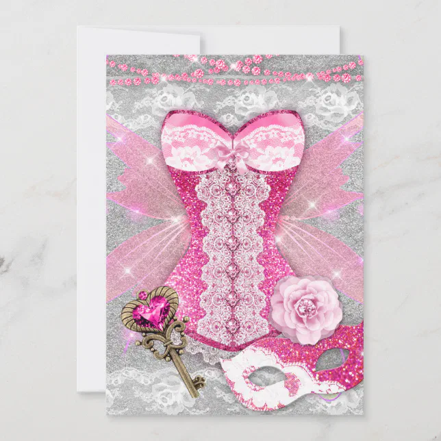 Lingerie Party PINK Key Corset Mask Silver Invitation | Zazzle