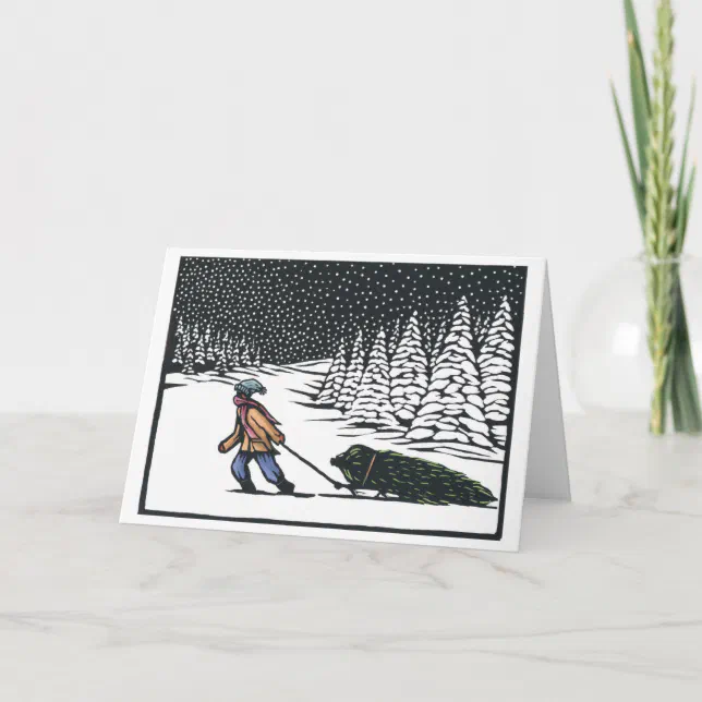 Linocut: Boy Pulling Christmas Tree from Forest b Holiday Card | Zazzle
