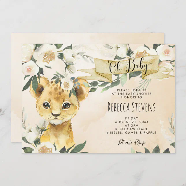 Lion cub floral neutral baby shower invitation | Zazzle