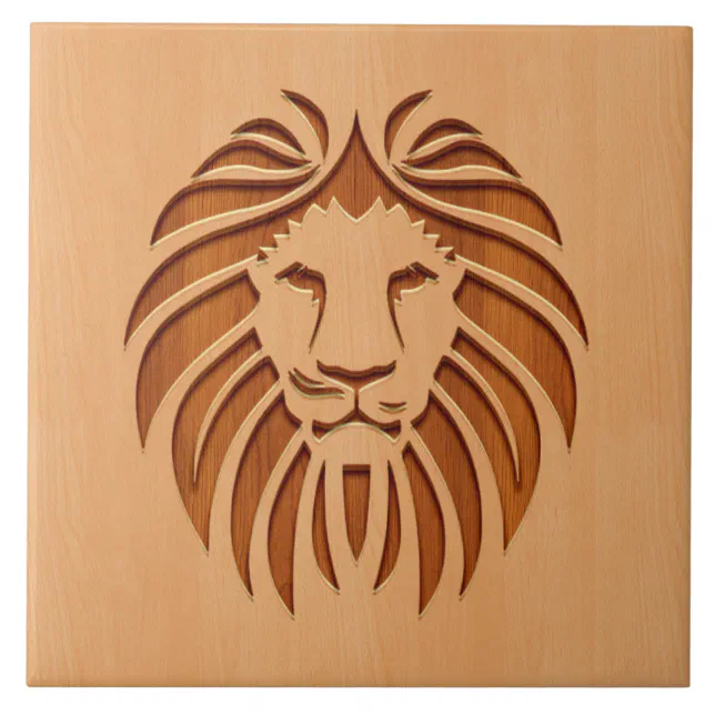 Lion head engraved on wood design ceramic tile | Zazzle