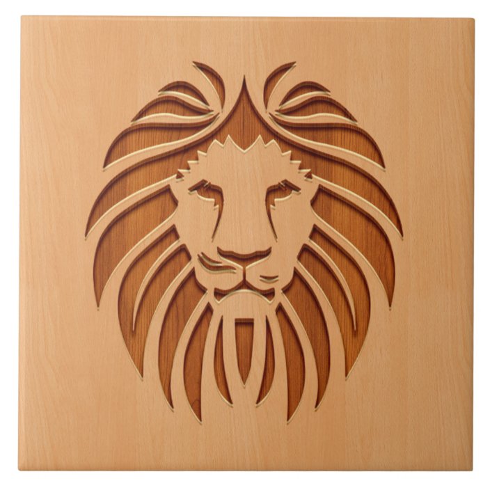 Lion head engraved on wood design ceramic tile | Zazzle.com