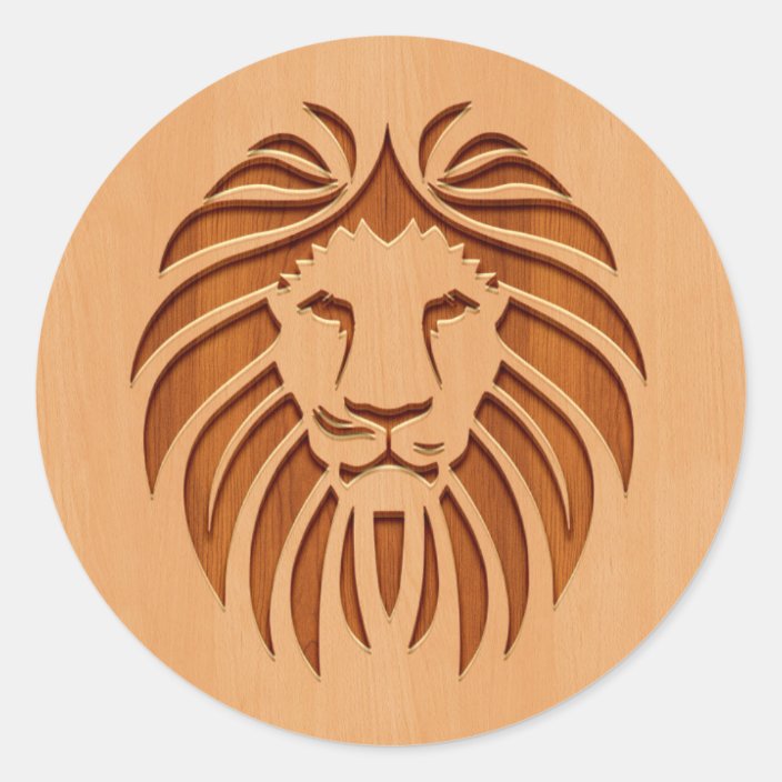 Lion head engraved on wood design classic round sticker | Zazzle.com