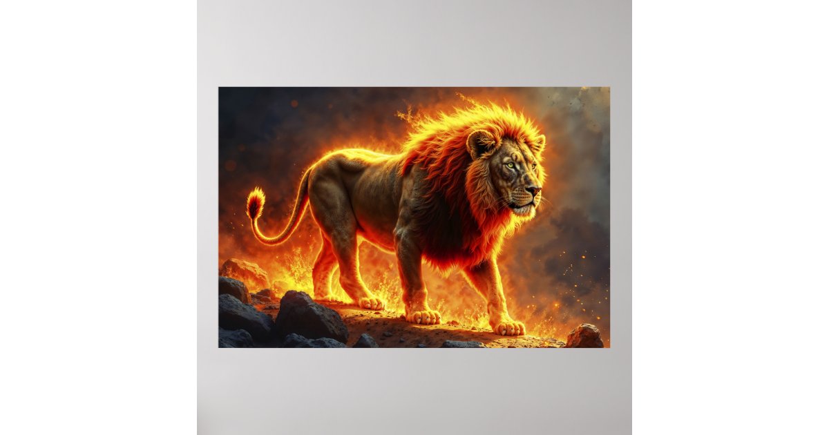 Lion of flames burning volcano fire fantasy art poster | Zazzle