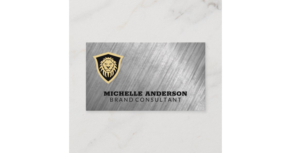 Lion Shield | Metal Texture Background Business Card | Zazzle