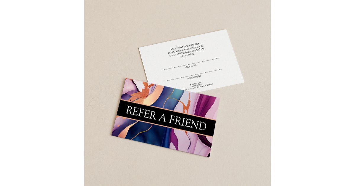 Liquid Marble Blue Purple Gold Referral Customer Business Card | Zazzle