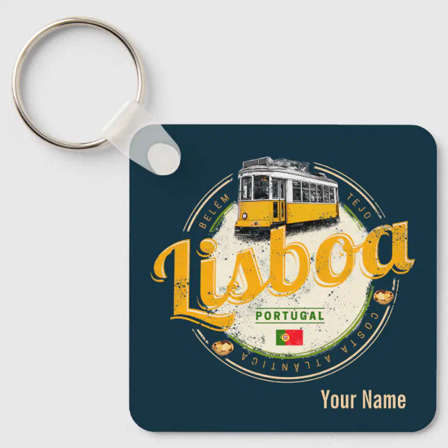 Lisbon Portugal with Retro Tram Vintage Souvenir Keychain | Zazzle