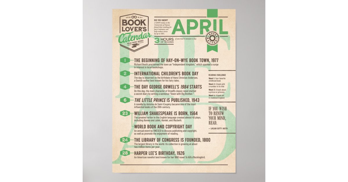 Literary Calendar April Poster | Zazzle