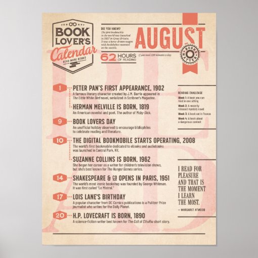 Literary Calendar August Poster | Zazzle