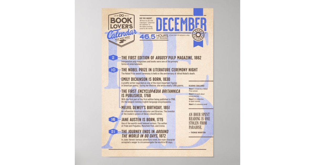 Literary Calendar December Poster | Zazzle