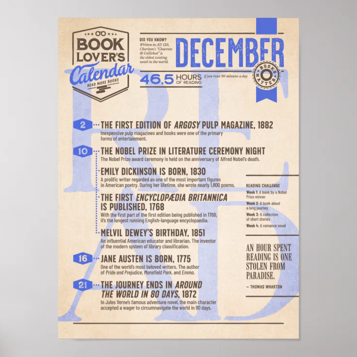 Literary Calendar December Poster | Zazzle