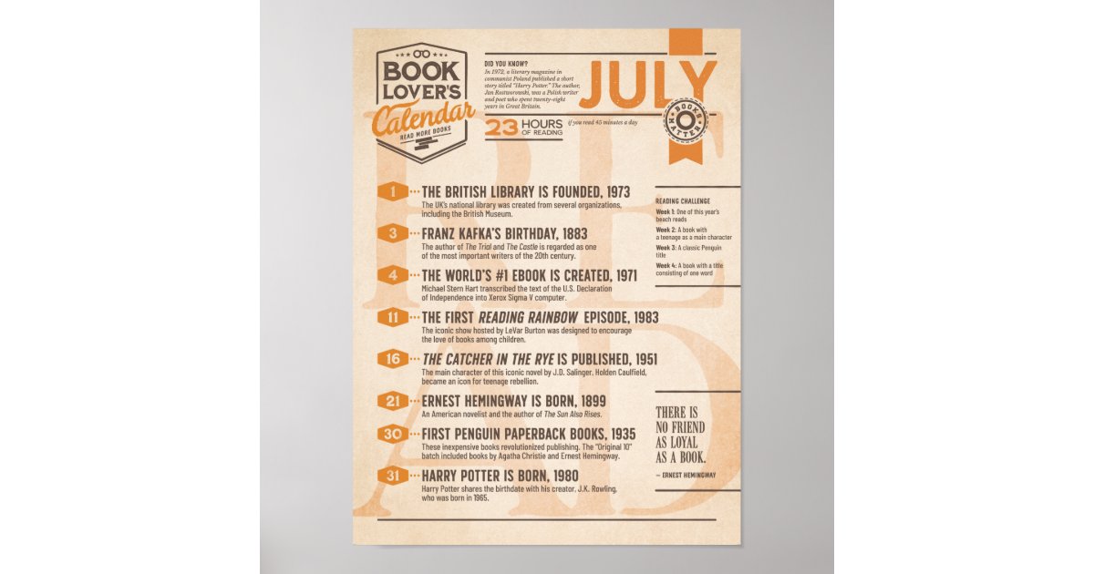 Literary Calendar July Poster | Zazzle