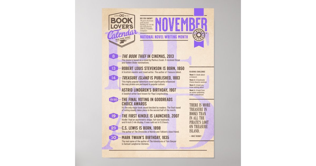 Literary Calendar November Poster | Zazzle