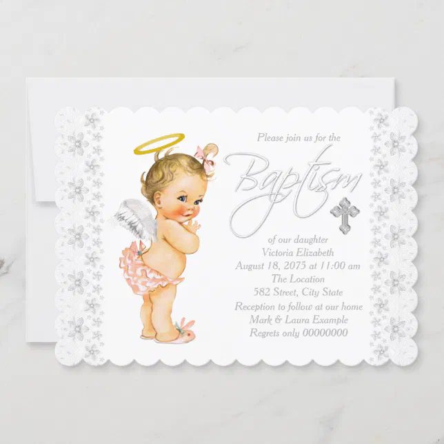 Little Angel Baby Girl Baptism Invitation | Zazzle