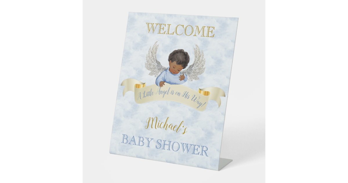 Little Angel Blue Wings Table Welcome Pedestal Sig Pedestal Sign | Zazzle