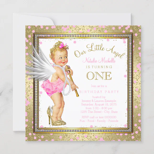 Little Angel Girls 1st Birthday Party Invitation | Zazzle