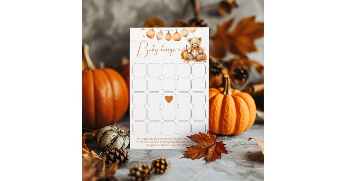 Little bear pumpkin fall baby shower bingo game | Zazzle